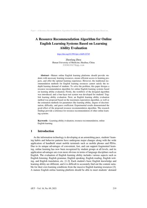 Pdf A Resource Recommendation Algorithm For Online English Learning Systems Based On Learning