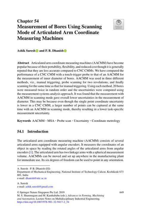 Pdf Measurement Of Bores Using Scanning Mode Of Articulated Arm Coordinate Measuring Machines