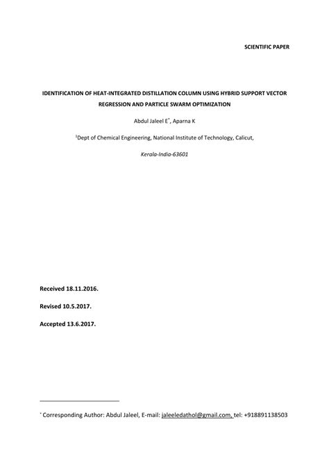 Pdf Identification Of Heat Integrated Distillation Column Using Hybrid Support Vector