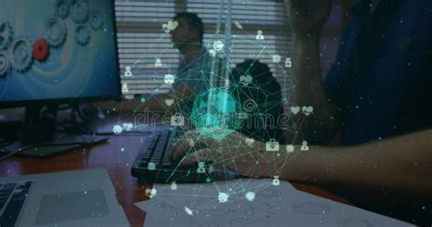 Animation Of Globe With Icons Over Caucasian Business People In Office Stock Footage Video Of