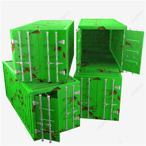 저장 운송 삽화를 위해 열리고 닫히는 강철 문이 있는 4개의 긁힌 녹색 화물 컨테이너의 3d 디자인 3d 컨테이너 컨테이너 박스 화물 상자 Png 일러스트 및 Psd