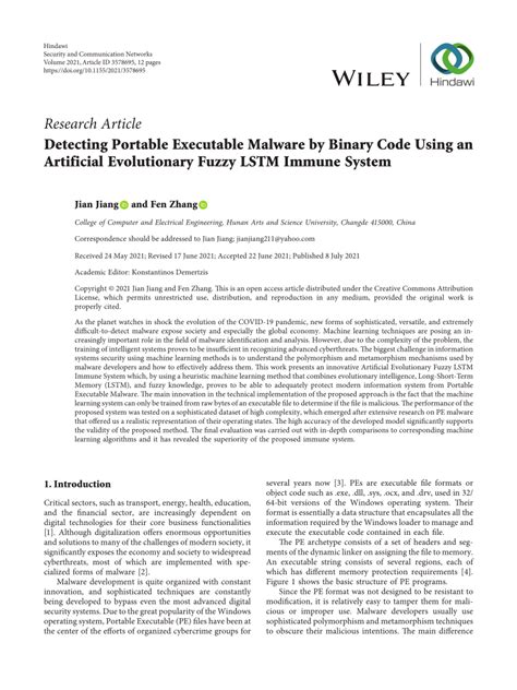 Pdf Detecting Portable Executable Malware By Binary Code Using An