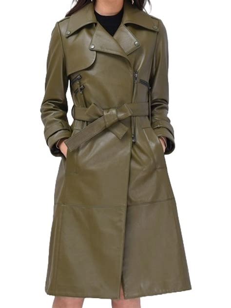 Womens Sophisticated Real Lambskin Olive Green Long Leather Trench Coat