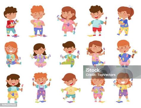 페인트 스플래쉬 블롭 및 브러시 큰 벡터 세트가 있는 어린이 화가 공예에 대한 스톡 벡터 아트 및 기타 이미지 공예 귀여운