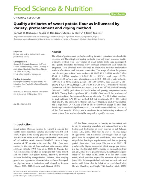 Pdf Quality Attributes Of Sweet Potato Flour As Influenced By Variety Pretreatment And Drying