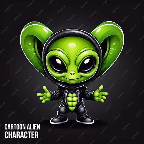 Green Alien Cartoon Character With Black Background Premium Ai