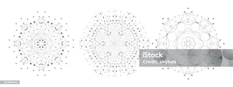 Set Of Symmetric Lattice Shape Molecular Structure With Thin Lines And Dots Mandala Fractal