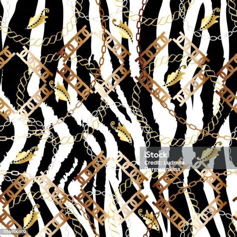 골든 체인과 얼룩말 프린트가 있는 패션 완벽 한 패턴입니다 체인 금속 액세서리와 패브릭 디자인 배경입니다 패션 액세서리와 고급 스러운 선형 인쇄 가죽에 대한 스톡 벡터 아트