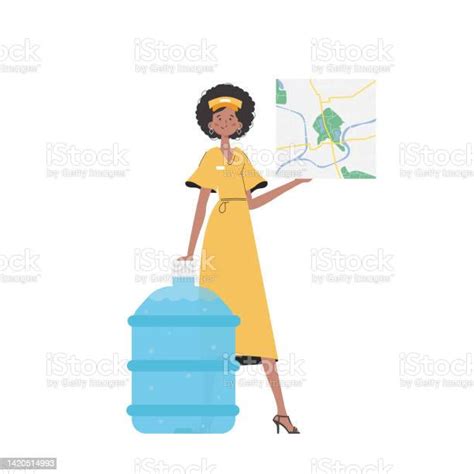 물 배달 개념 소녀는지도를 들고 있습니다 캐릭터는 완전한 성장으로 묘사됩니다 흰색 배경에 고립되어 있습니다 벡터 일러스트레이션 가득 찬에 대한 스톡 벡터 아트 및 기타