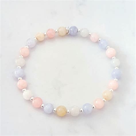 Morganite Beaded Bracelet Sterling Silver Stretch Design Beryl Crystal