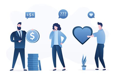 소녀는 어떤 남자를 선택해야할지 모릅니다 부유 한 기업가는 돈을 제공합니다 여자는 사업가와 가난한 남자 사이에서 선택한다 2명에 대한 스톡 벡터 아트 및 기타 이미지