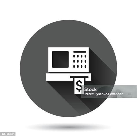 플랫 스타일의 금전 등록기 아이콘 긴 그림자 효과로 검은 둥근 배경에서 기계 벡터 그림을 확인합니다 지불 서클 버튼 비즈니스 개념 가격에 대한 스톡 벡터 아트 및 기타