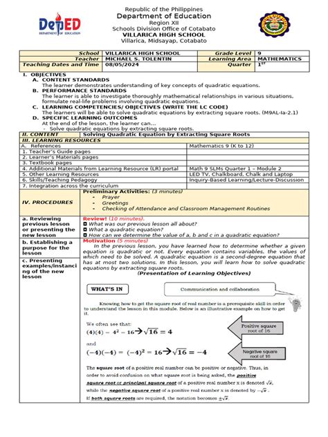 Dlp Lesson 2a Solving Quadratic Equations By Extracting Square Roots Pdf Learning