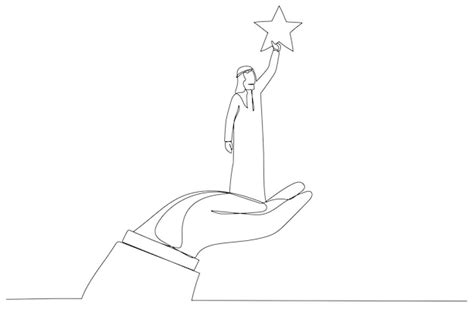 아랍 사업가가 별에 손을 뻗는 것을 돕는 거대한 손 그리기 단일 라인 아트 스타일 프리미엄 벡터