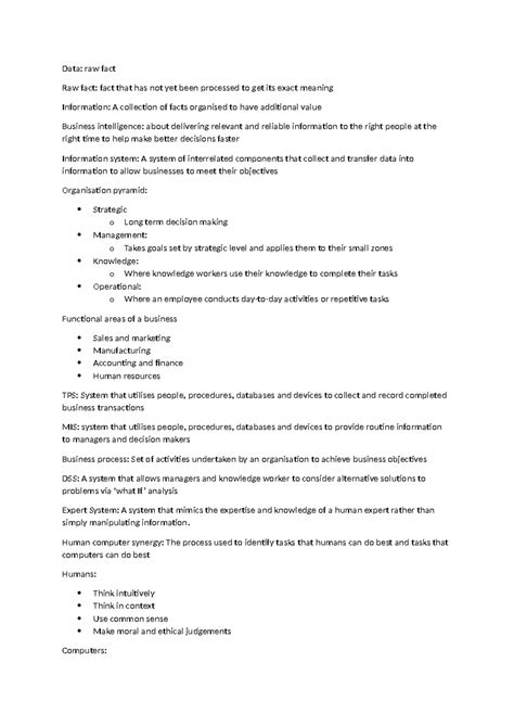 Data Short Notes Of The Subjects Contents Data Raw Fact Raw Fact Fact That Has Not Yet