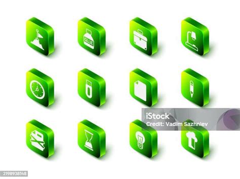 접착제 서류 가방 테이블 램프 연필 클라우드 데이터베이스 파일 문서 전구 및 오래된 모래 시계 아이콘을 설정합니다 벡터 3차원 형태에 대한 스톡 벡터 아트 및 기타 이미지