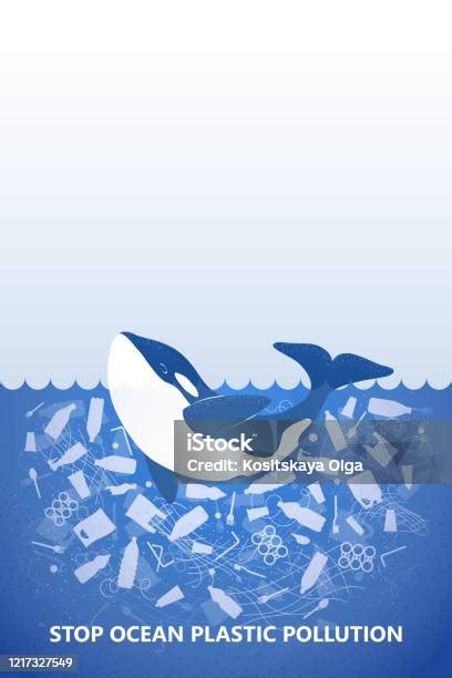 바다 플라스틱 오염을 중지합니다 생태 포스터 흰색 플라스틱 쓰레기 봉투 파란색 배경에 병물에 블루 킬러 고래 쓰레기에 오카 공간을 복사합니다 플랫 디자인 범고래에 대한 스톡