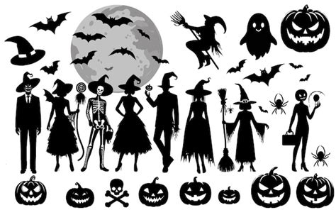 Black And White Halloween Characters With Spooky Elements Detailed