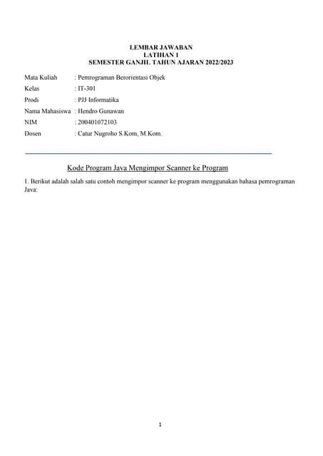 Latihan 1 Kode Program Java Mengimpor Scanner Ke Programpdf