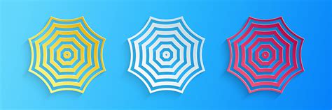 종이 잘라 태양 보호 우산 Fo 해변 아이콘 은 파란색 배경에 고립 야외 공간을위한 큰 파라솔 여름 방학 또는 피크닉 액세서리 종이 아트 스타일 벡터 0명에 대한 스톡 벡터