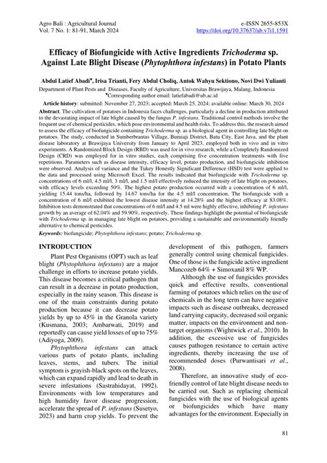 Pdf Efficacy Of Biofungicide With Active Ingredients Trichoderma Sp Against Late Blight