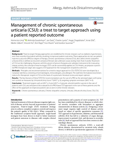 Pdf Management Of Chronic Spontaneous Urticaria Csu A Treat To