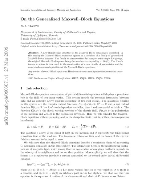 Pdf On The Generalized Maxwell Bloch Equations