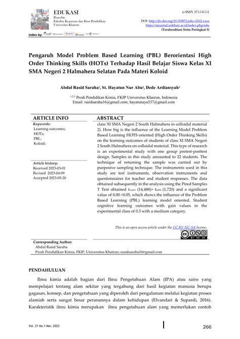 Pdf Pengaruh Model Pembelajaran Problem Based Learning Pbl