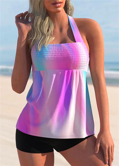 ROTITA Halter Smocked Tie Dye Print Tankini Set Rotita USD 31 87