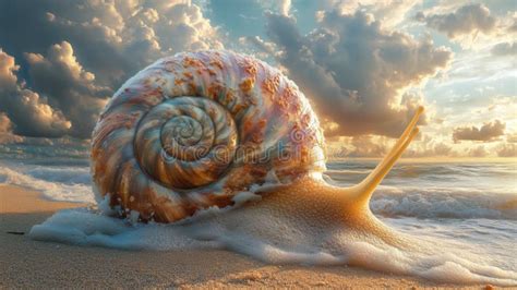 Giant Snail On Beach At Sunset Stock Illustration Illustration Of