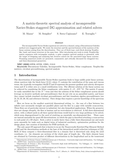Pdf A Matrix Theoretic Spectral Analysis Of Incompressible Navier Stokes Staggered Dg