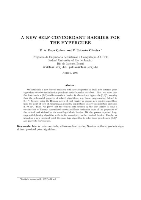 Pdf New Self Concordant Barrier For The Hypercube