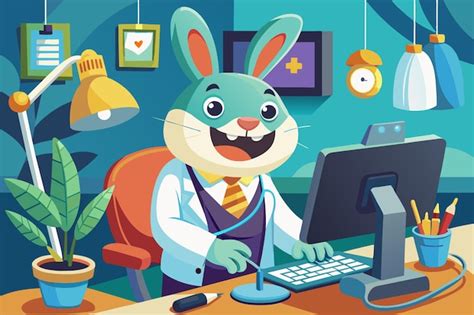A Cartoon Rabbit Is Sitting At A Computer With A Mouse And A Monitor