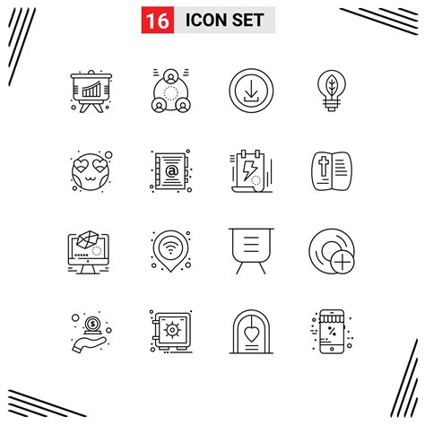 Group Of 16 Outlines Signs And Symbols For Heart Bulb Business Power Nature Editable Vector