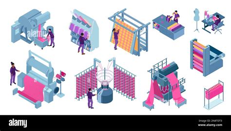 Isometric Textile Mill Industry Icons Collection With Isolated Human Characters And Weaving