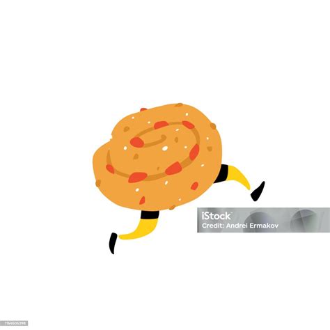 건포도와 맛있는 롤빵의 그림 벡터 다리가 있는 달콤한 캐릭터 흰색 배경에 사이트에 대한 아이콘입니다 상점에 대한 로그인 로고 신선한 빵집과 과자의 배달 플랫 스타일 건포도에