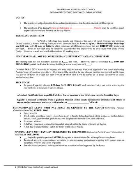 Parish Secretary Contract Agreement Church In Word And Pdf Formats