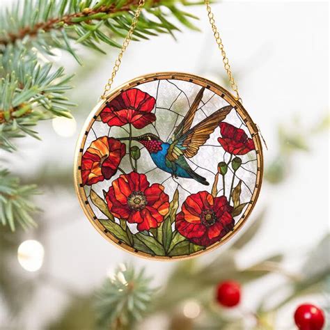 Hummingbird Glass Ornament Poppy Flower Glass Art Hummingbird