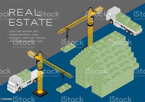 지폐 3d 등각계 부동산 건설 사업 투자 개념 포스터 및 소셜 배너 포스트 수평 디자인 일러스트에서 집 모양 파란색 배경 벡터