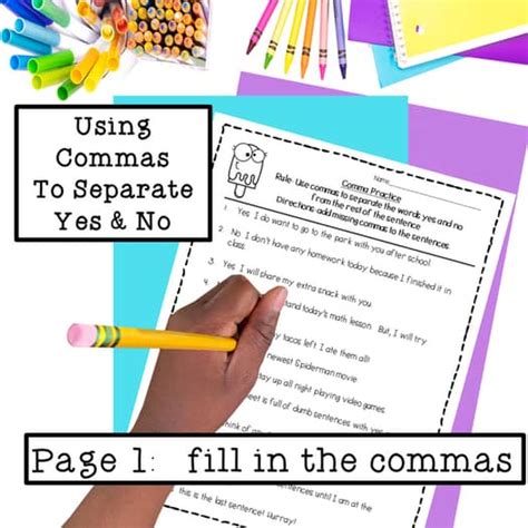 using commas to separate yes and no practice worksheets by picket fence teaching