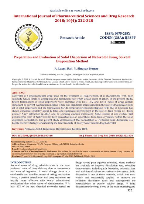 Pdf Preparation And Evaluation Of Solid Dispersion Of Nebivolol Using Solvent Evaporation Method