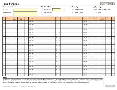 Circuit Breaker Panel Schedule Template