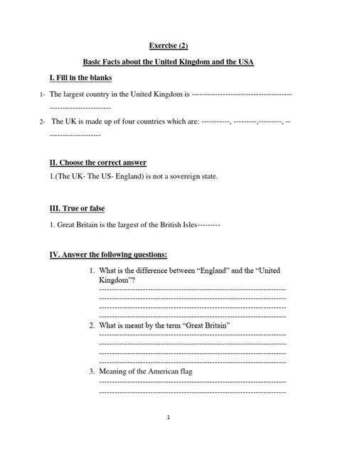 2 Exercises Basic Facts About The United Kingdom And The Us Pdf United Kingdom