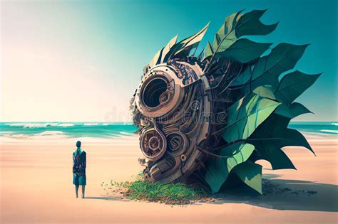 Post Apocalyptic Story Battle War With Giant Robot In The Desert Stock