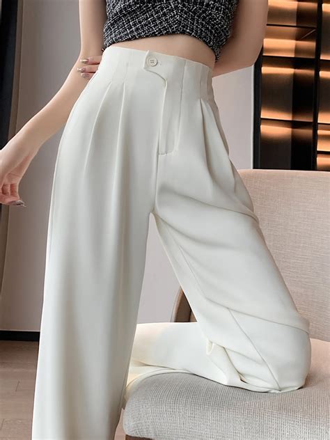 여성용 우아한 와이드 레그 정장 바지 캐주얼 한국 스타일 하이 웨이스트 스트레이트 헐렁한 바지 화이트 여성 바지 여름 Aliexpress