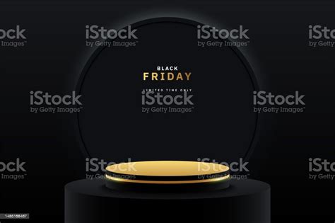 둥근 원 모양의 배경이 있는 어두운 스튜디오 룸에 있는 럭셔리 골드 블랙 3d 실린더 연단 받침대 블랙 프라이데이 개념입니다 프로모션의 날 제품 프레젠테이션을 위한 단계3d