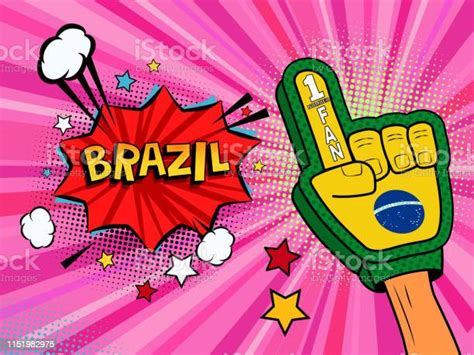 스포츠 팬 남성 손 장갑에서 제기 브라질 국가 국기의 승리를 축 하 별과 구름과 브라질 연설 거품 벡터 화려한 팬 일러스트 감정에 대한 스톡 벡터 아트 및 기타 이미지