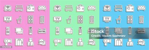 세트 라인 별 5개 등급 검토 텍스트가 있는 간판 호텔 건물 여행 가방 샴페인 얼음 양동이 스마트 Tv 무선 노트북 및 리프트