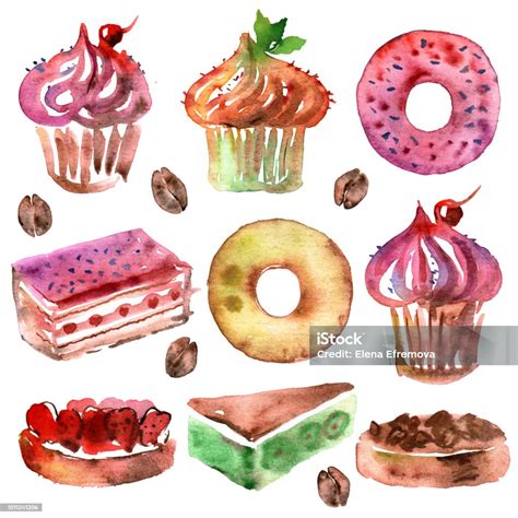 귀여운 수채화 손 사막 흰색 절연의 세트와 함께 그림을 그렸습니다 컵 케이크 도넛 커피 0명에 대한 스톡 벡터 아트 및 기타 이미지 Istock
