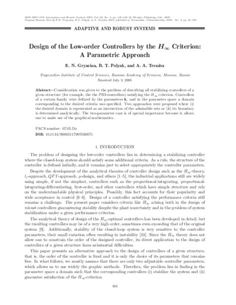 Pdf Design Of The Low Order Controllers By The H∞ Criterion A Parametric Approach